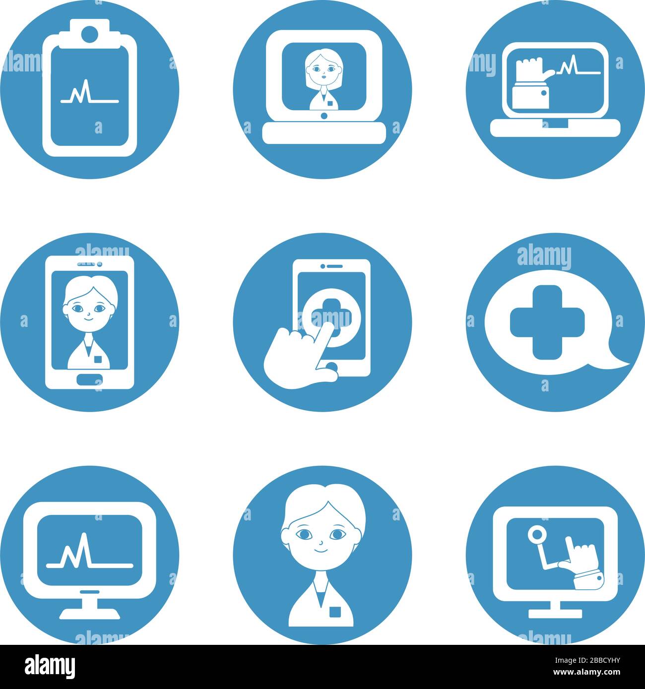 cartoon doctors and health online icon set over white background, block ...
