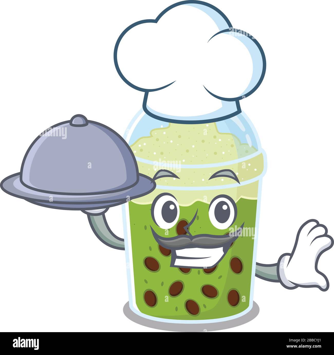 Matcha bubble tea as a chef cartoon character with food on tray Stock ...