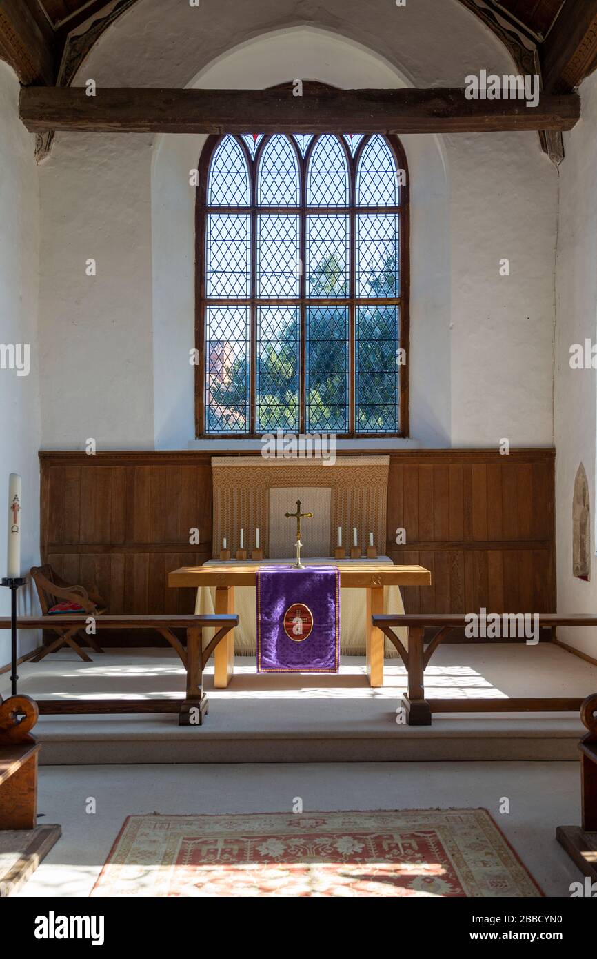 Interior of church view of sanctuary with altar and east window ...