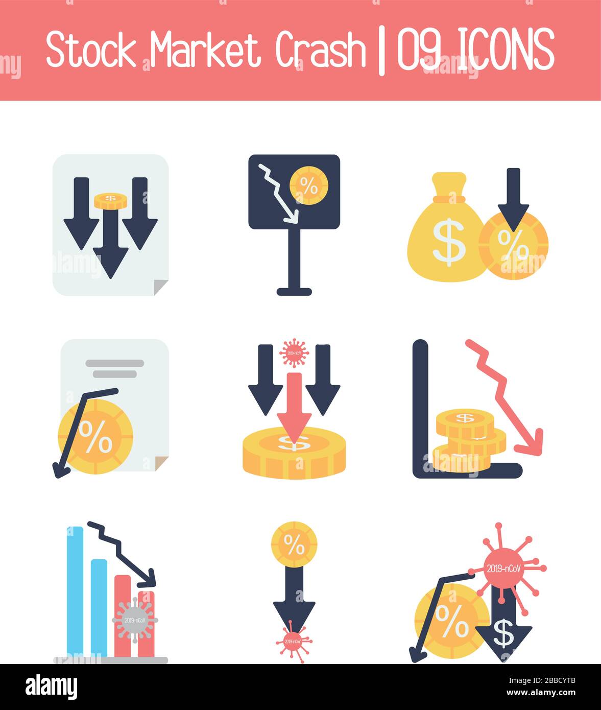 graphic charts and stock market crash icon set over white background ...