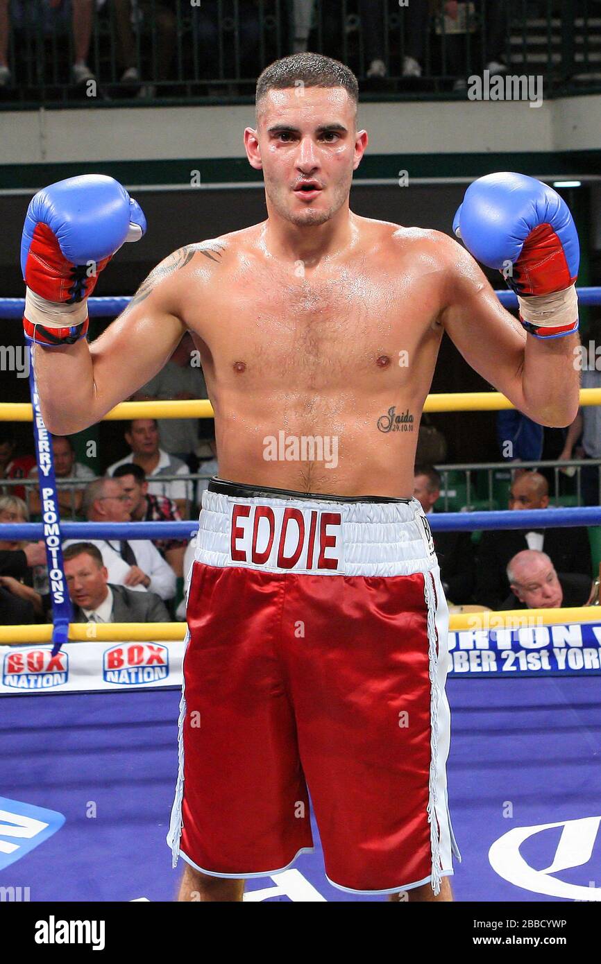 Ediz Hussein (claret/blue shorts) defeats Robin Deakin (red/black ...