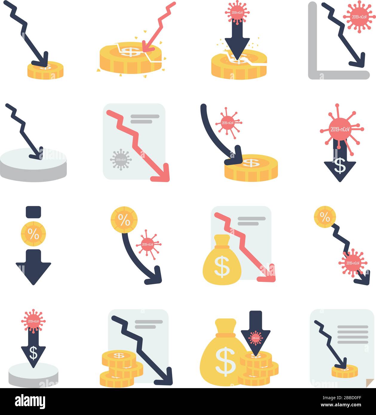 financial arrows and stock market crash icon set over white background ...