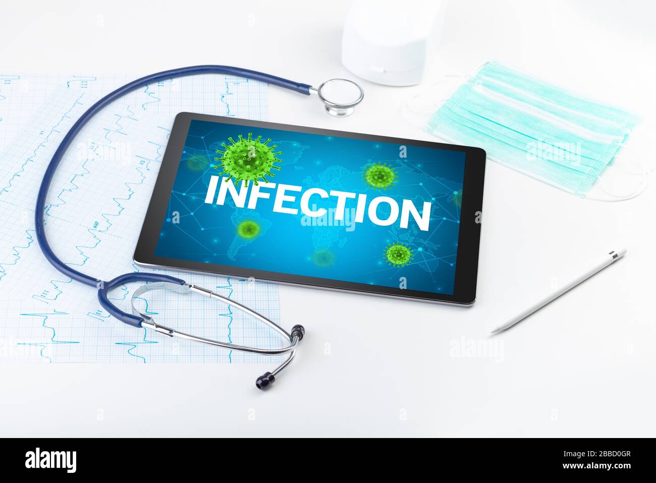 Close-up view of a tablet pc with INFECTION inscription, microbiology ...