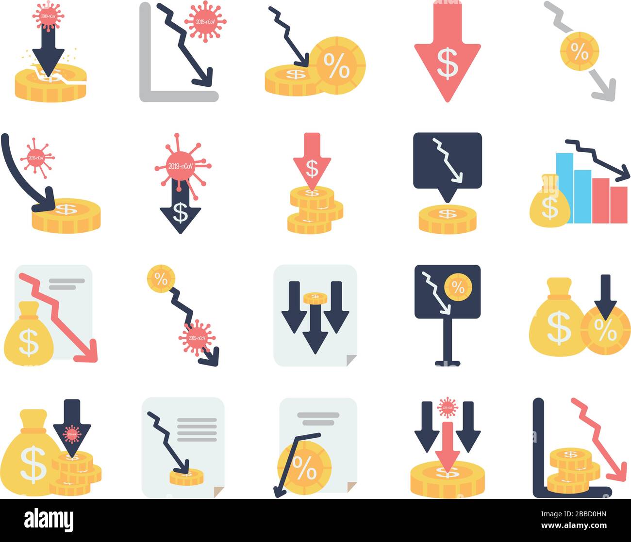 graphic charts and stock market crash icon set over white background ...