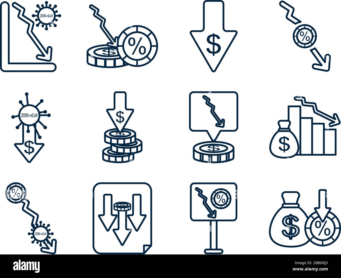 money and stock market crash icon set over white background, line style ...