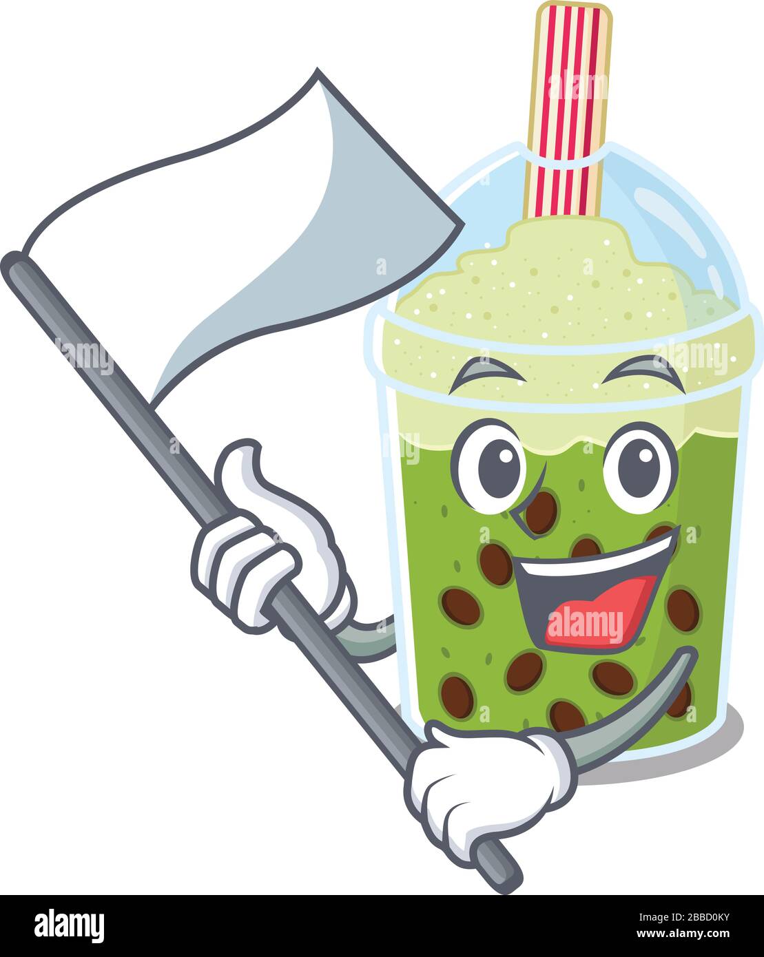 Matcha bubble tea cartoon character design holding standing flag Stock ...