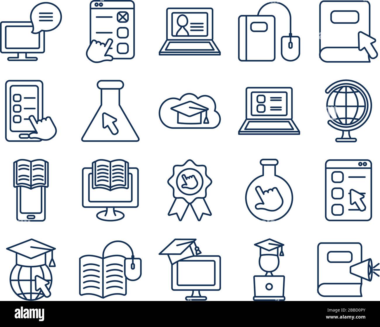 computers and education online icon set over white background, line ...