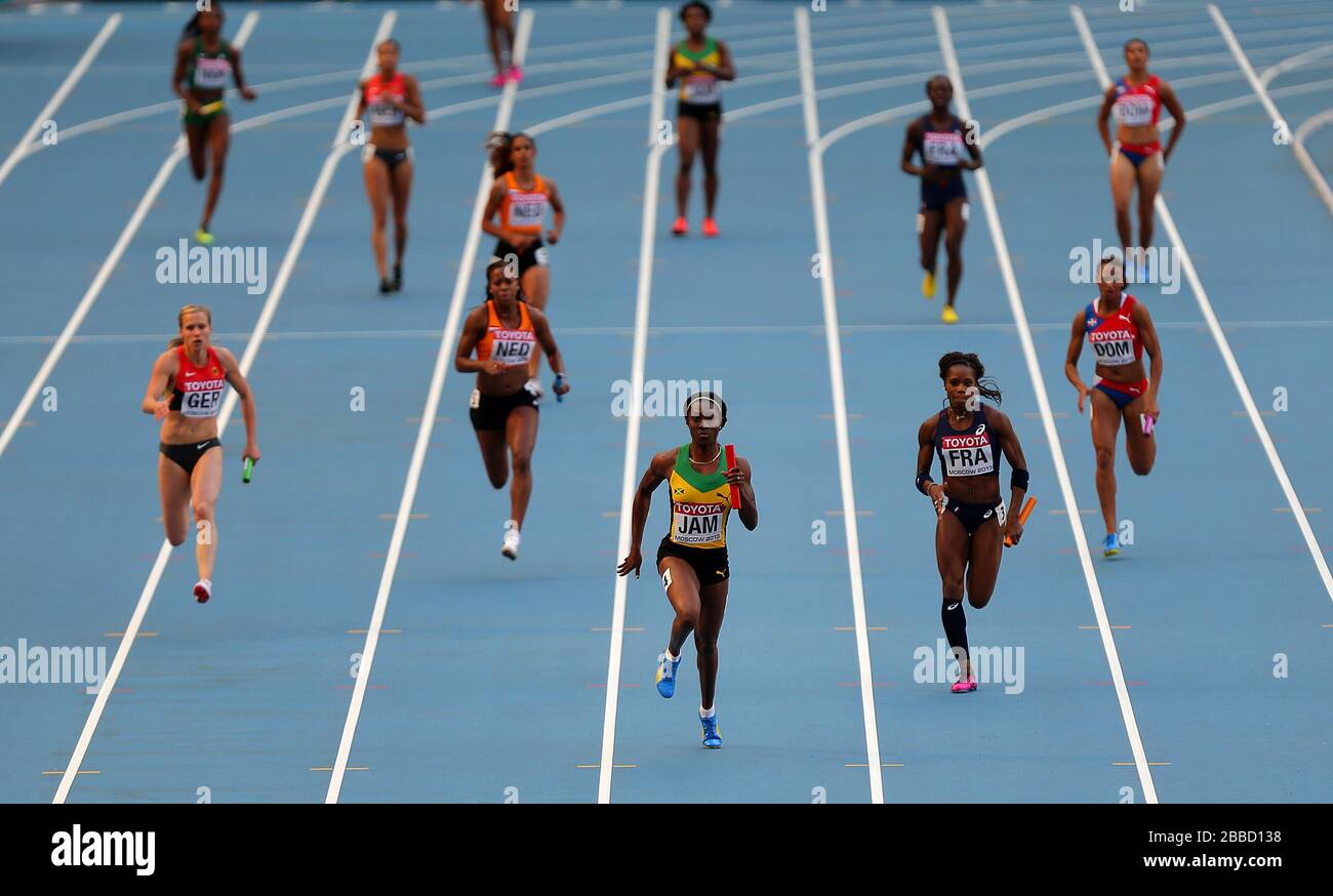 Jamaica's Sheri-Ann Brooks (centre) wins the Women's 4x100 metres relay ...