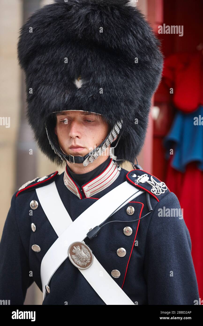 Denmark royal guard sentinel. Copenhaguen tourism landmark ceremonial ...