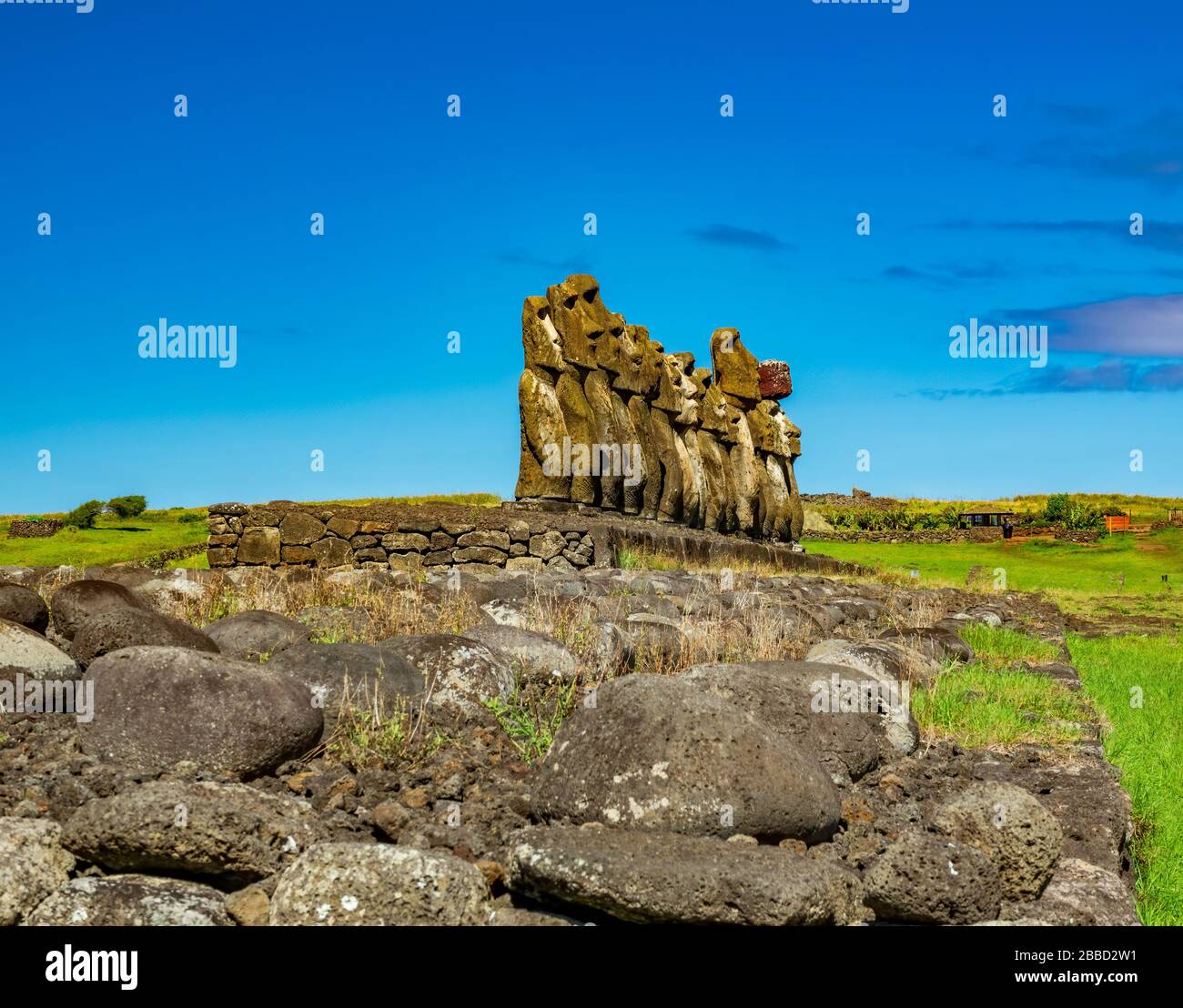 Ahu Tongariki moai platform profile view with text space Stock Photo ...