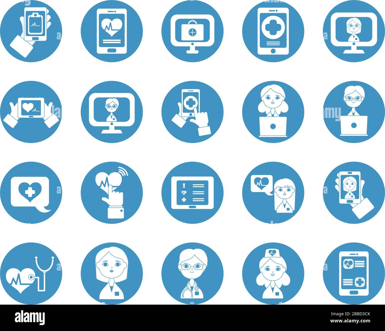 cartoon doctors and health online icon set over white background, block ...