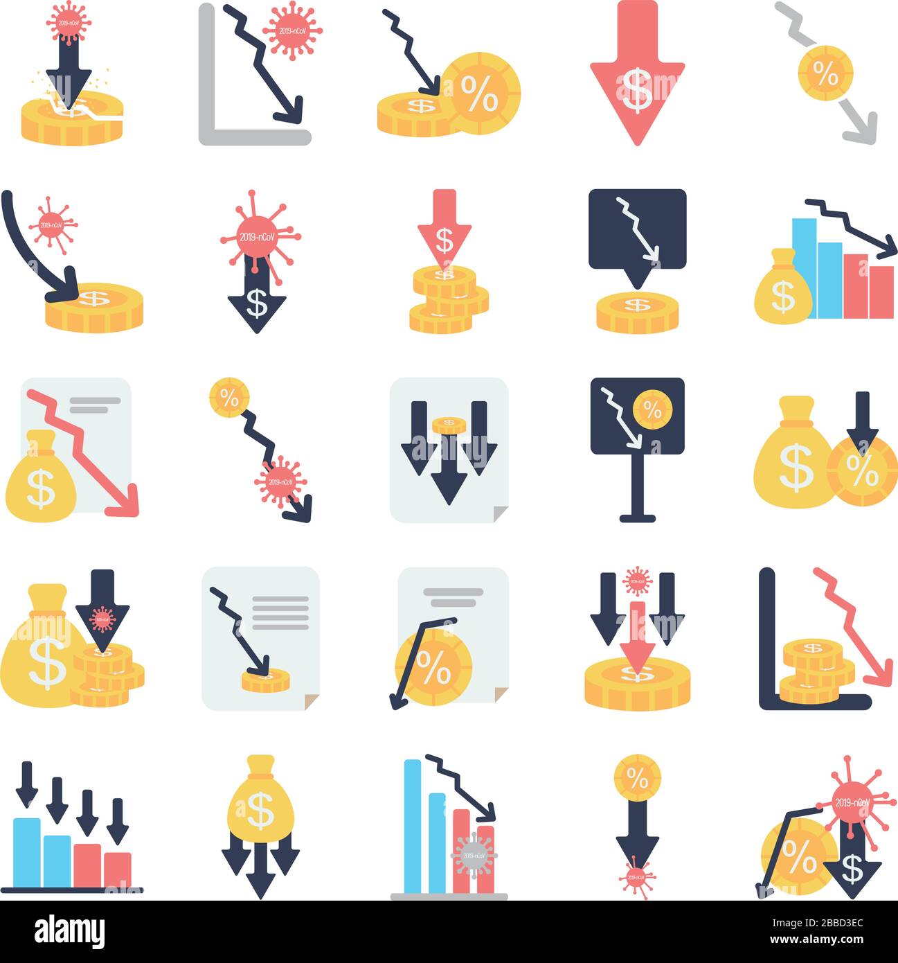 graphic bar charts and stock market crash icon set over white ...