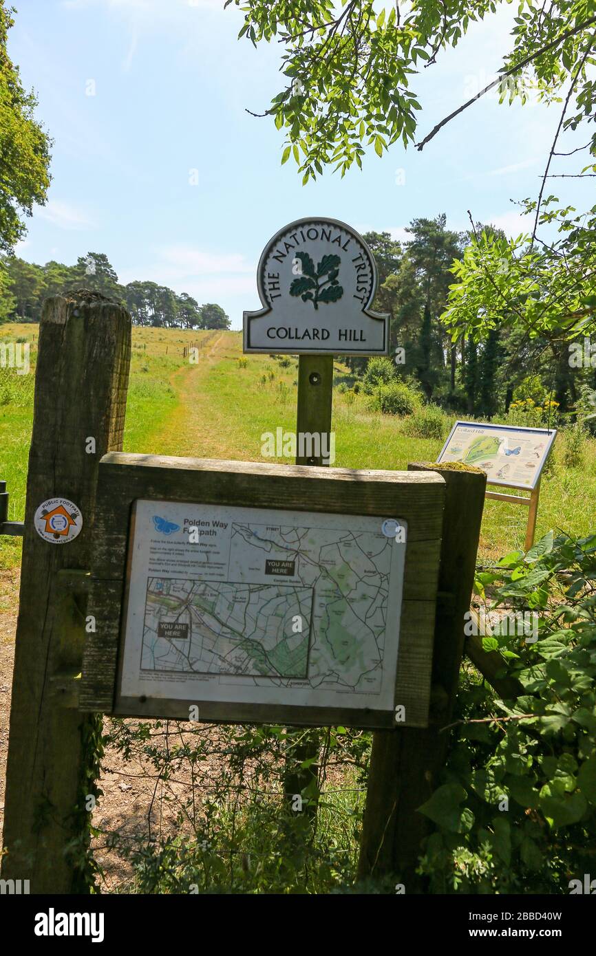 An information board and National Trust omega sign at Collard Hill ...