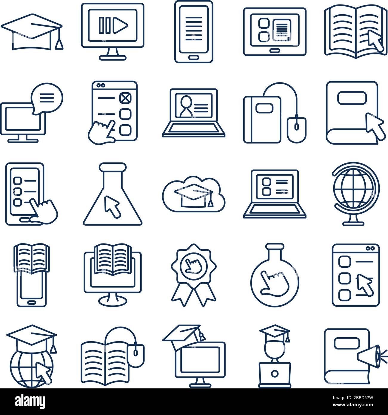 smartphones and education online icon set over white background, line ...