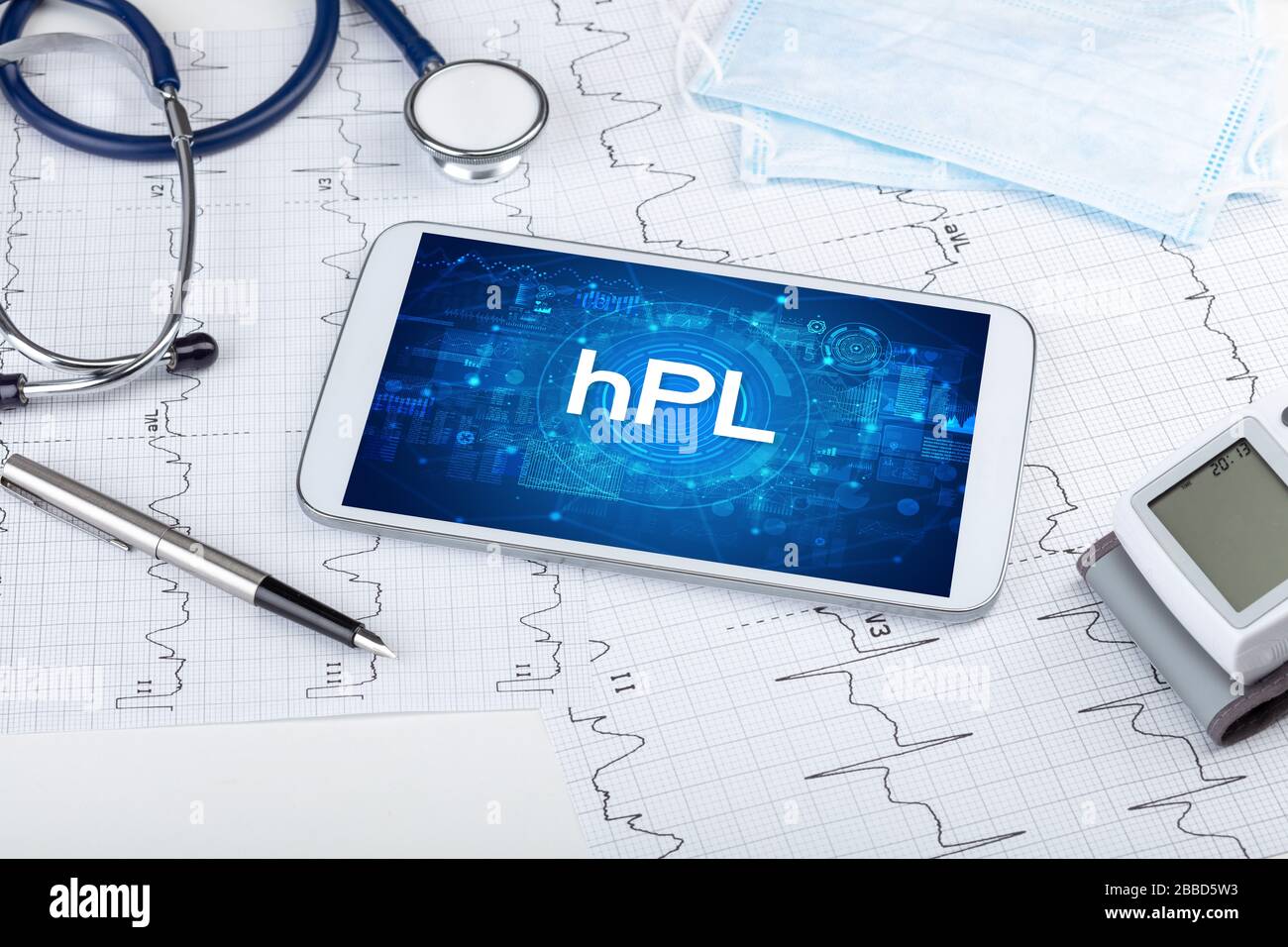 Close-up view of a tablet pc with hPL abbreviation, medical concept ...