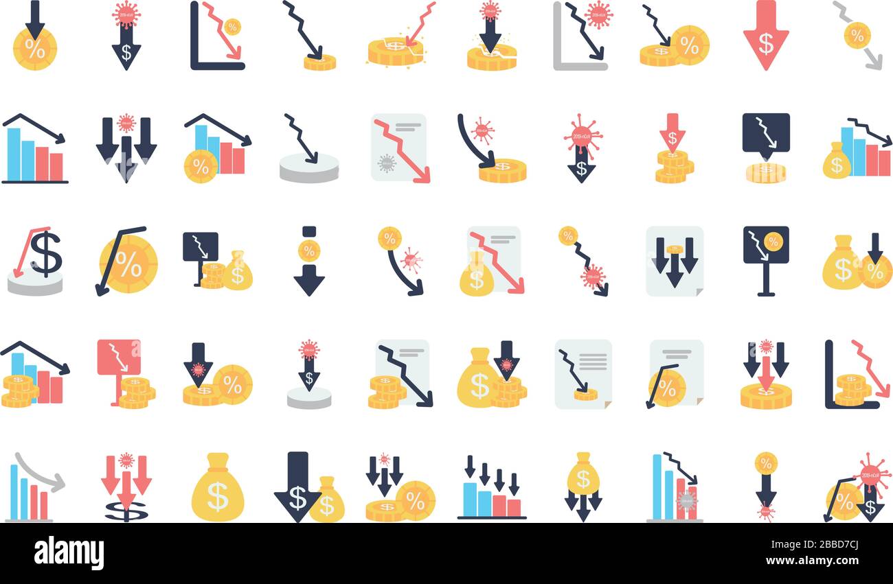 stock market crash icon set over white background, flat style, vector ...