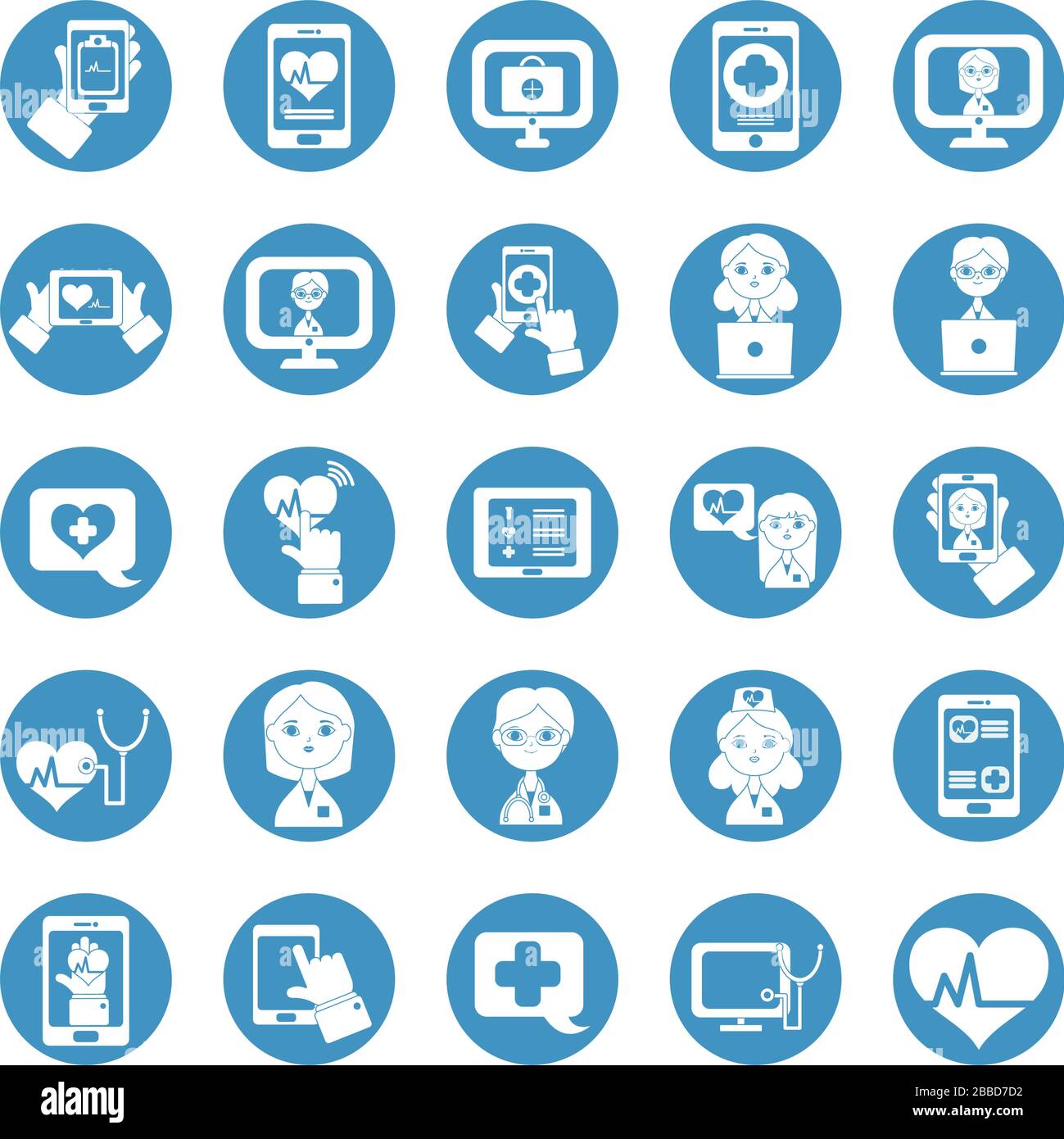 doctors and health online icon set over white background, block style ...
