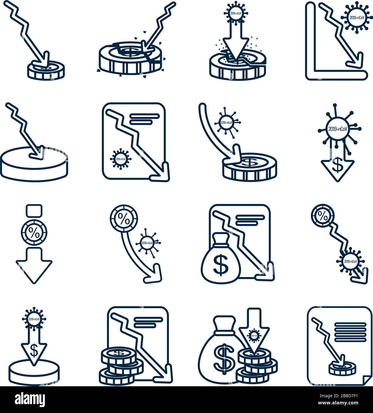 financial arrows and stock market crash icon set over white background ...