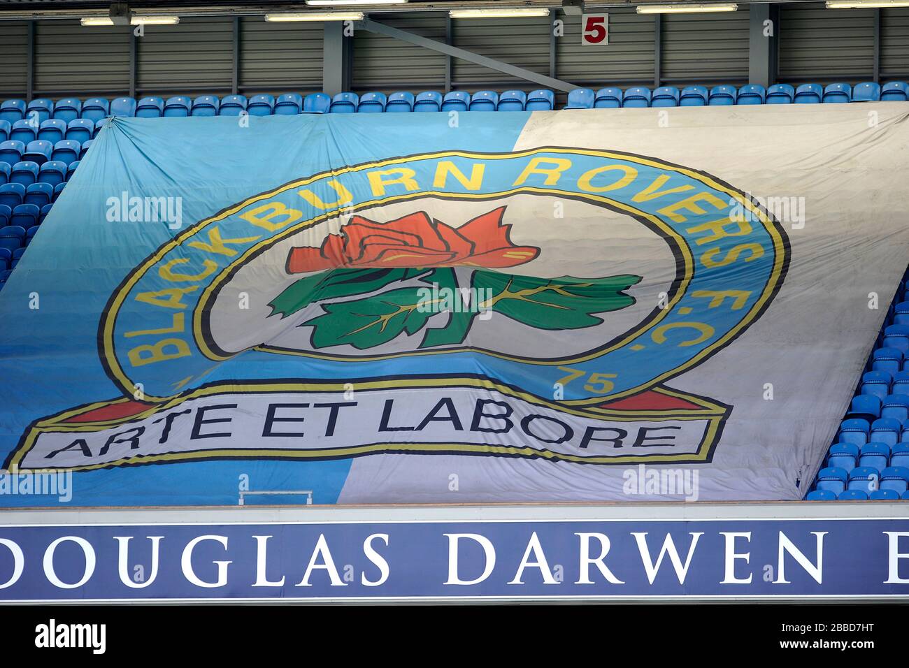 A Blackburn Rovers flag in the stands at Ewood Park Stock Photo - Alamy