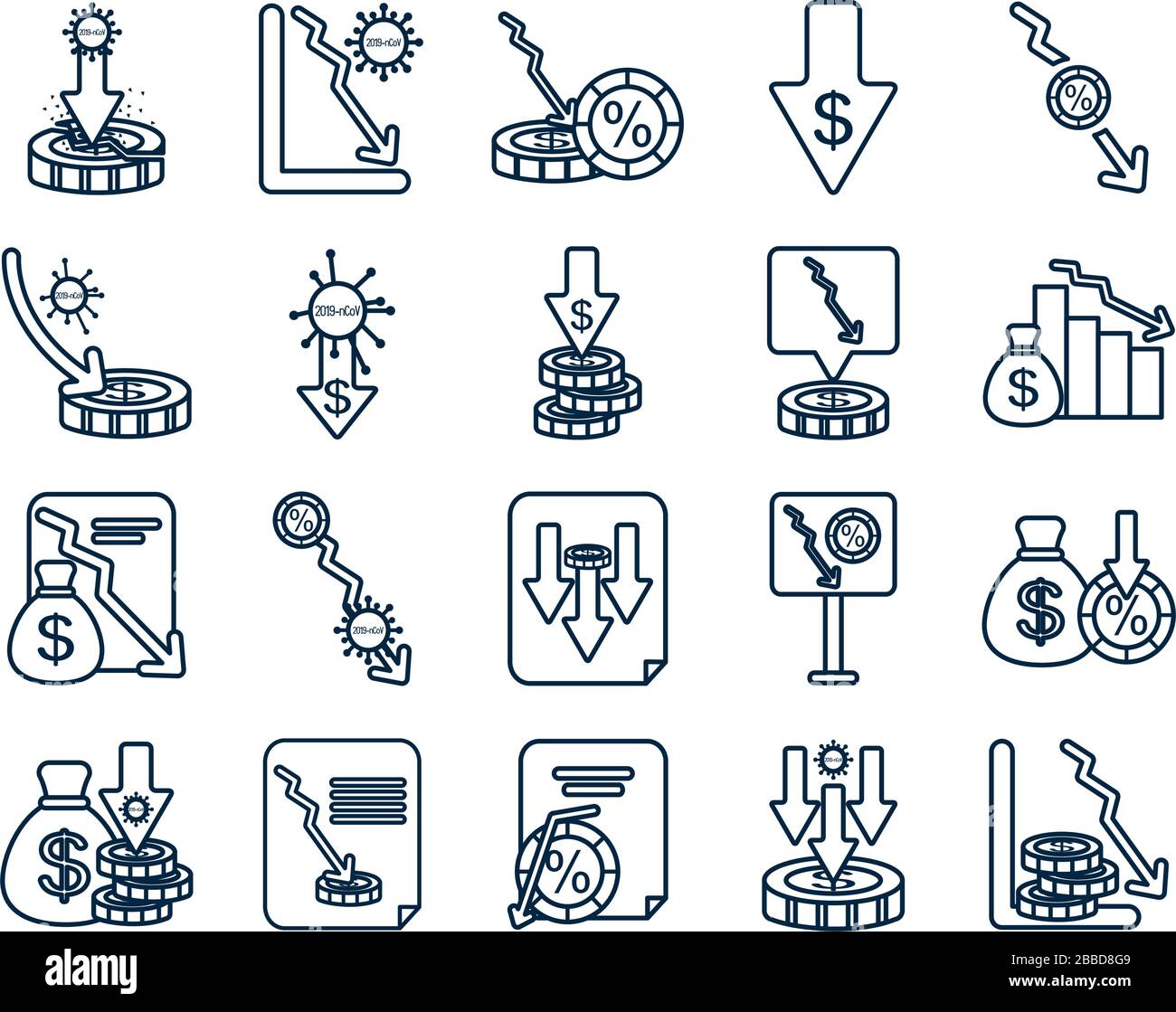 graphic charts and stock market crash icon set over white background ...