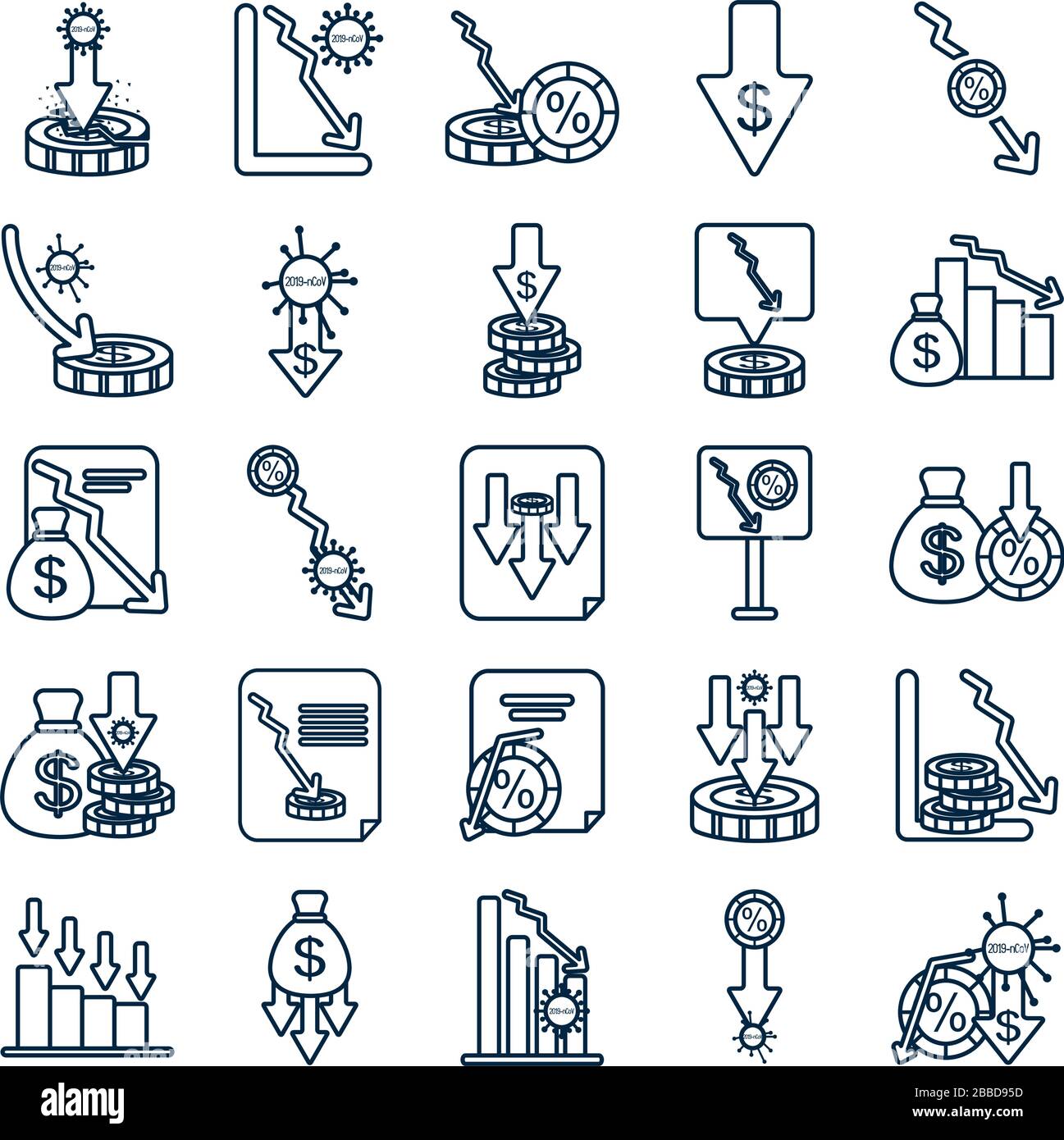 graphic bar charts and stock market crash icon set over white ...