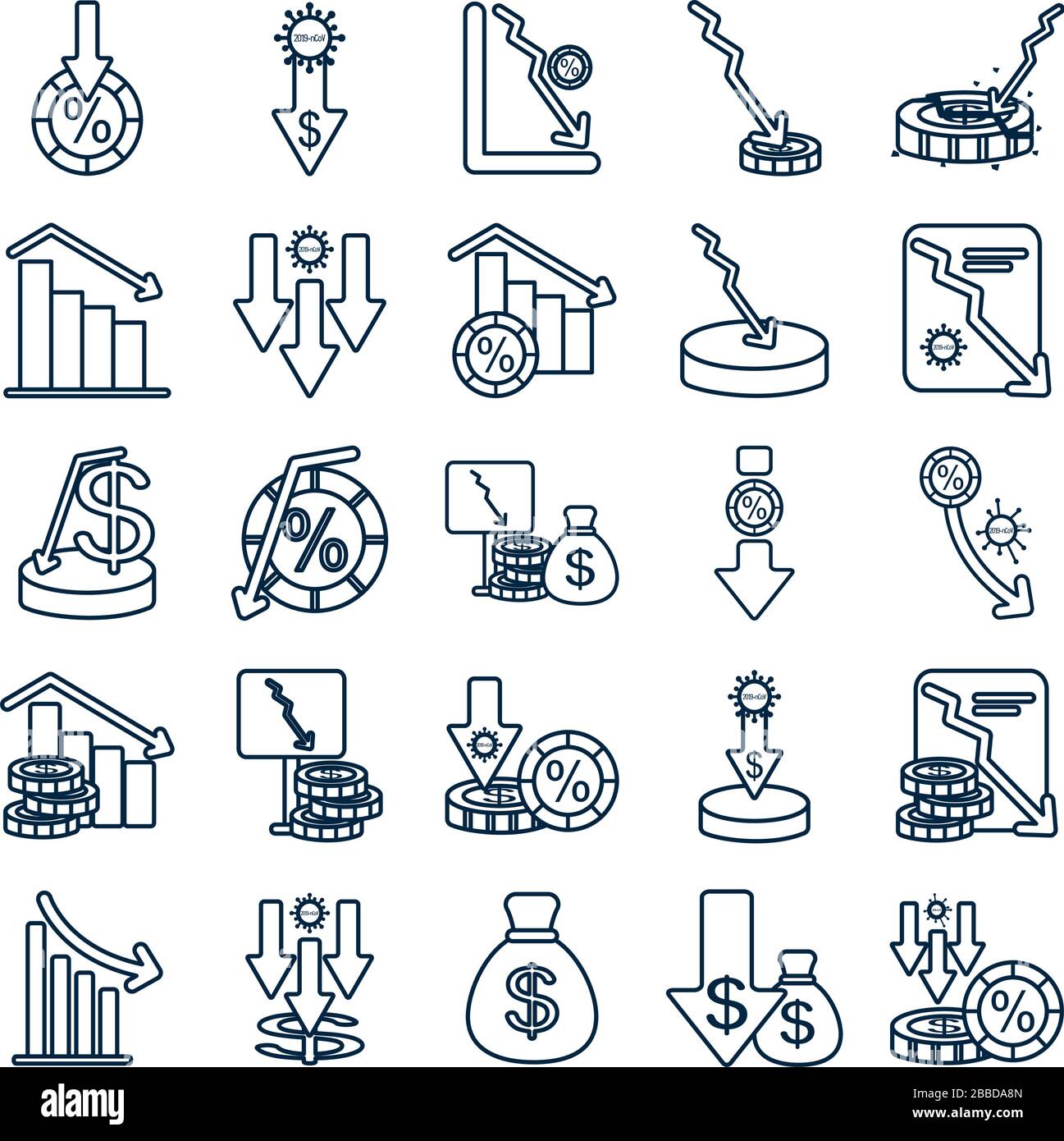 financial arrows and stock market crash icon set over white background ...