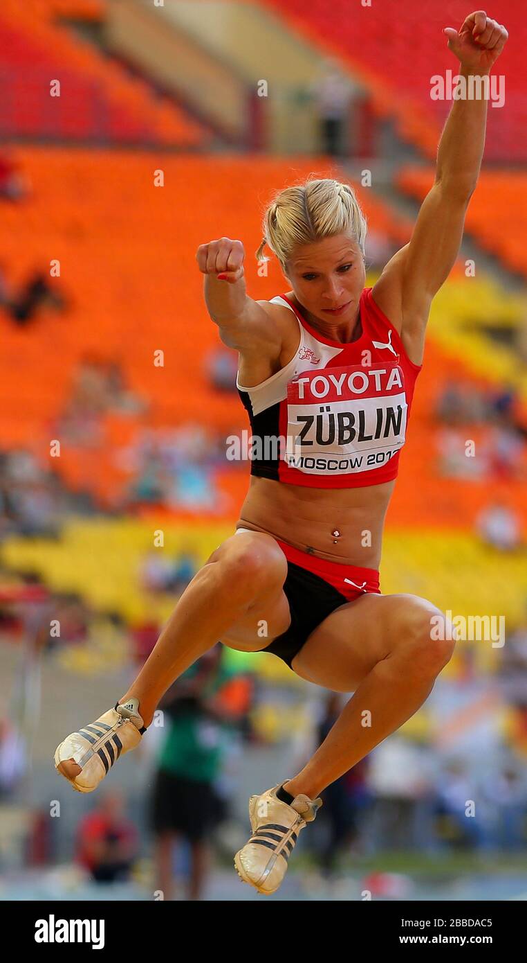 Switzerland's Linda Zublin competes in the Heptathlon long jump during ...