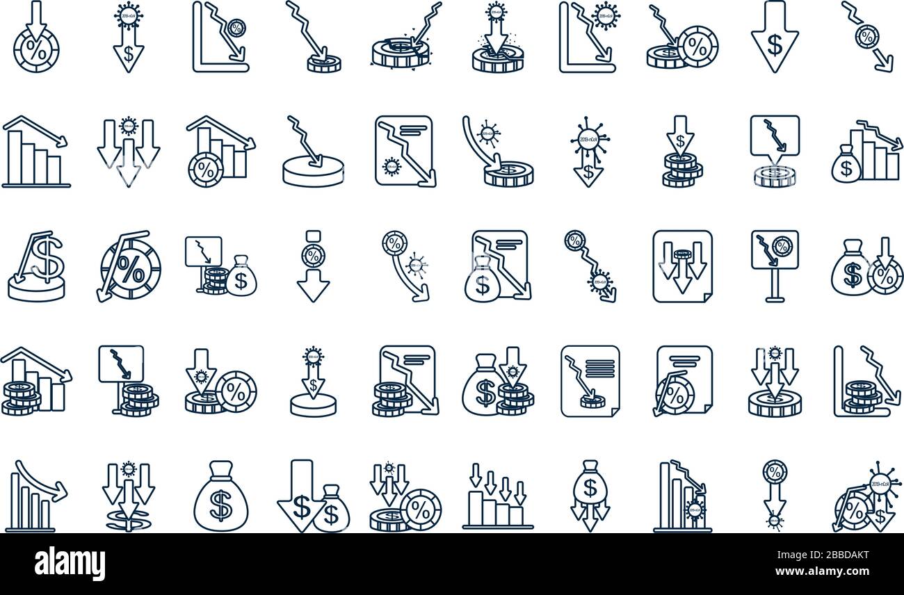 stock market crash icon set over white background, line style, vector ...