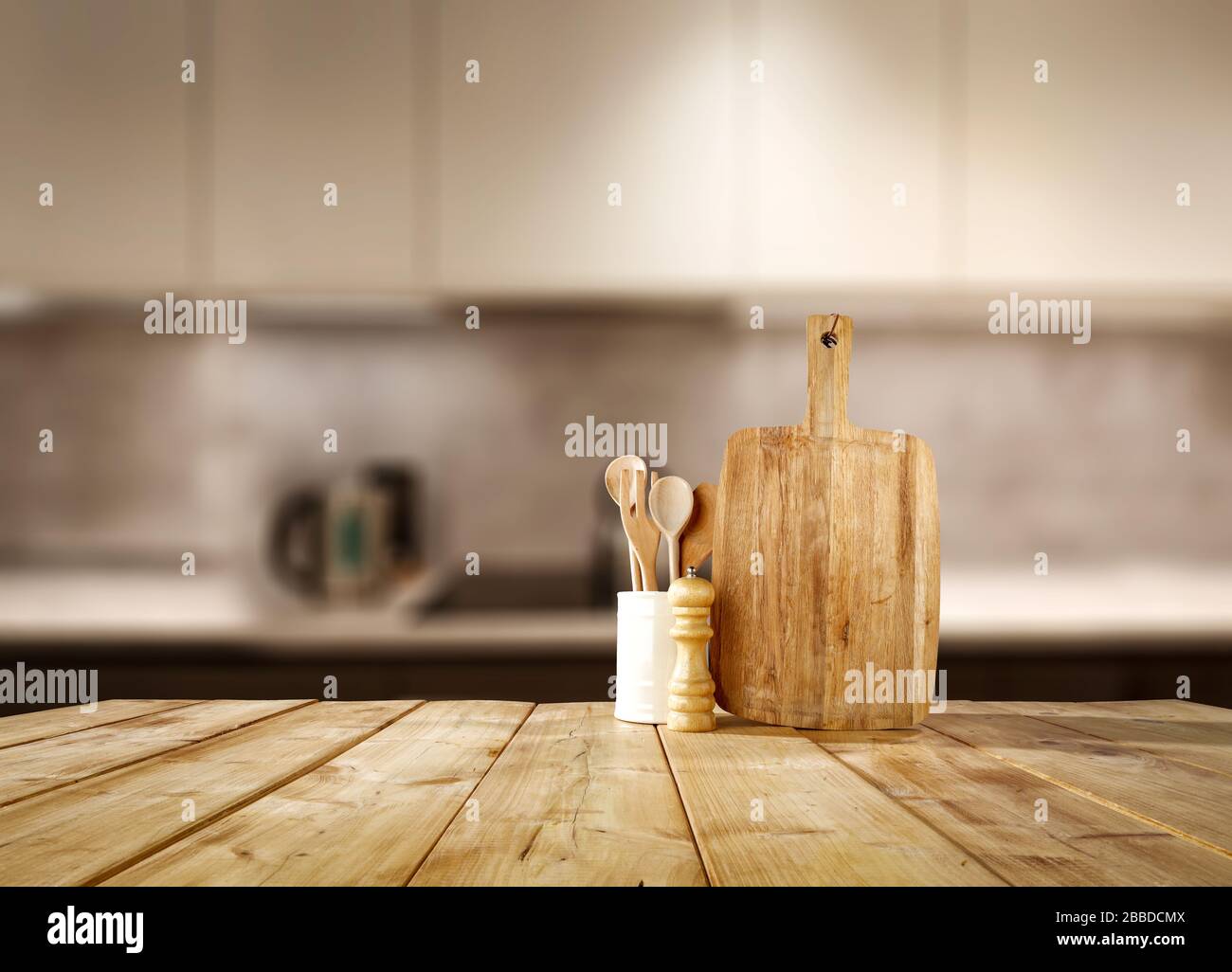 Kitchen interior and wooden table background with copy space for food ...