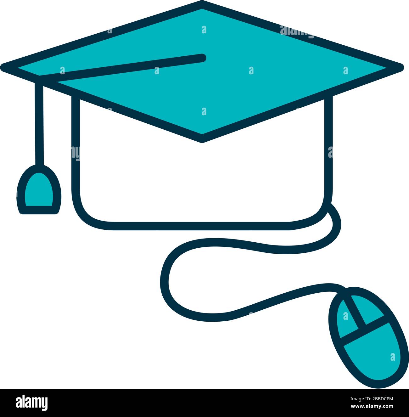 graduation cap with mouse device icon over white background, half line ...