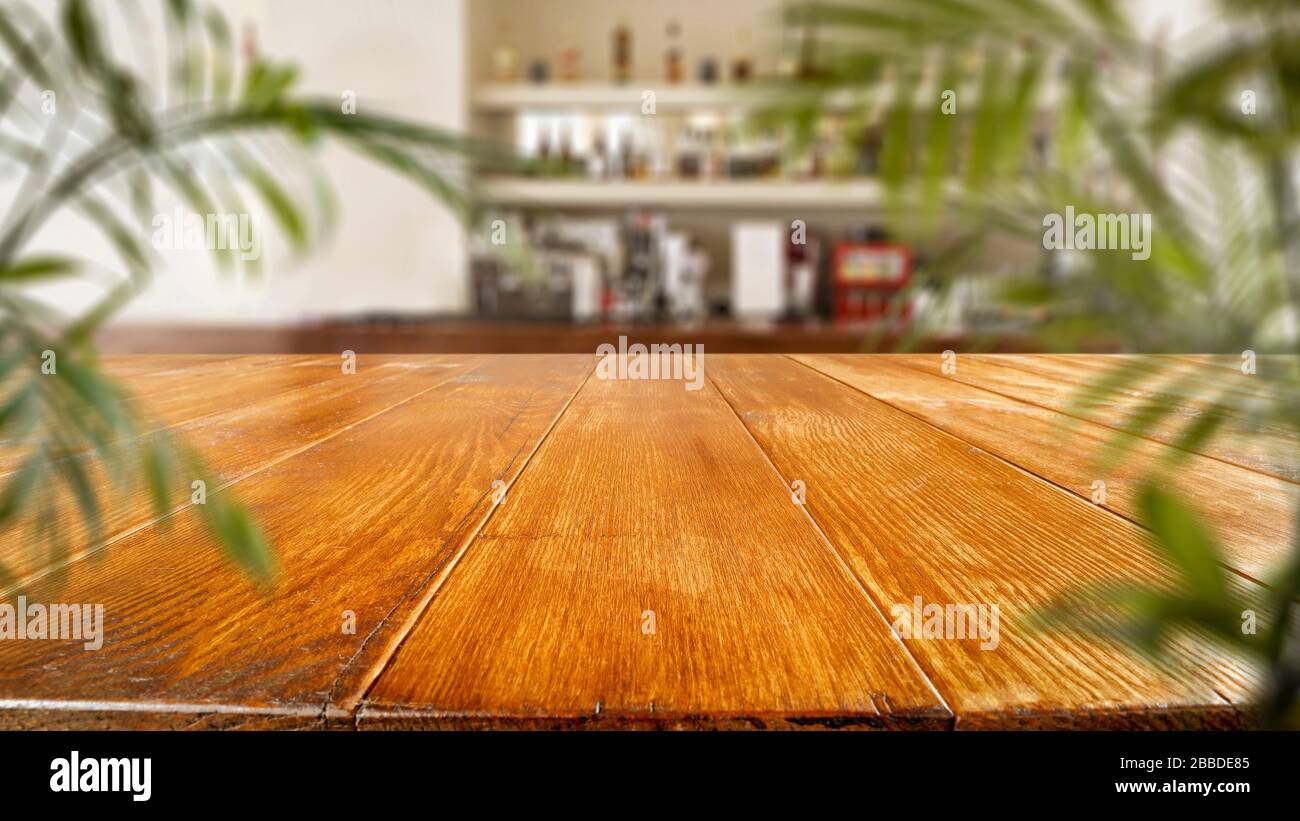Kitchen interior and wooden table background with copy space for food ...