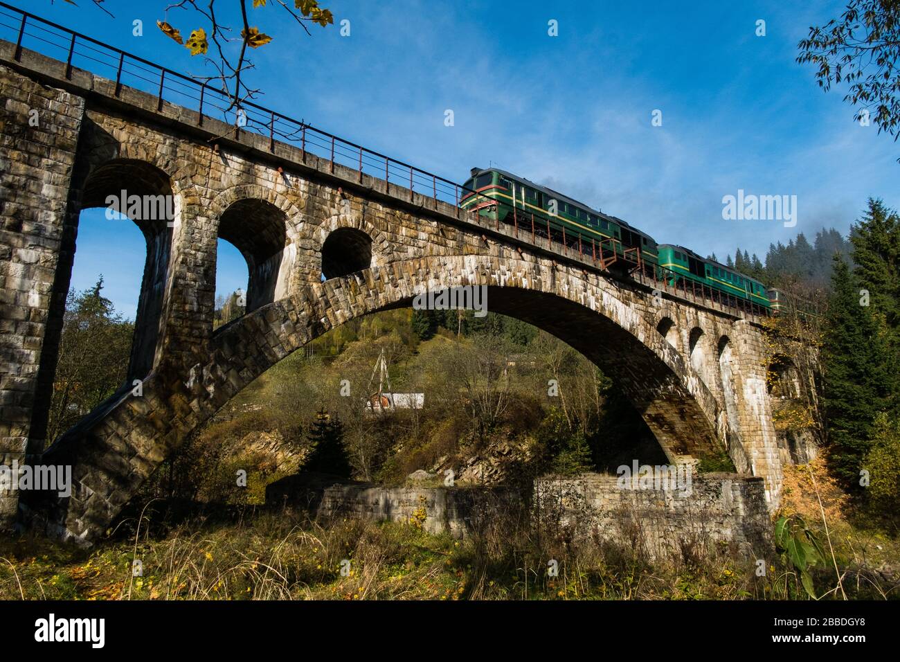 old viaduct railway crossing in Vorokhta village, Ukraine Carpathians ...