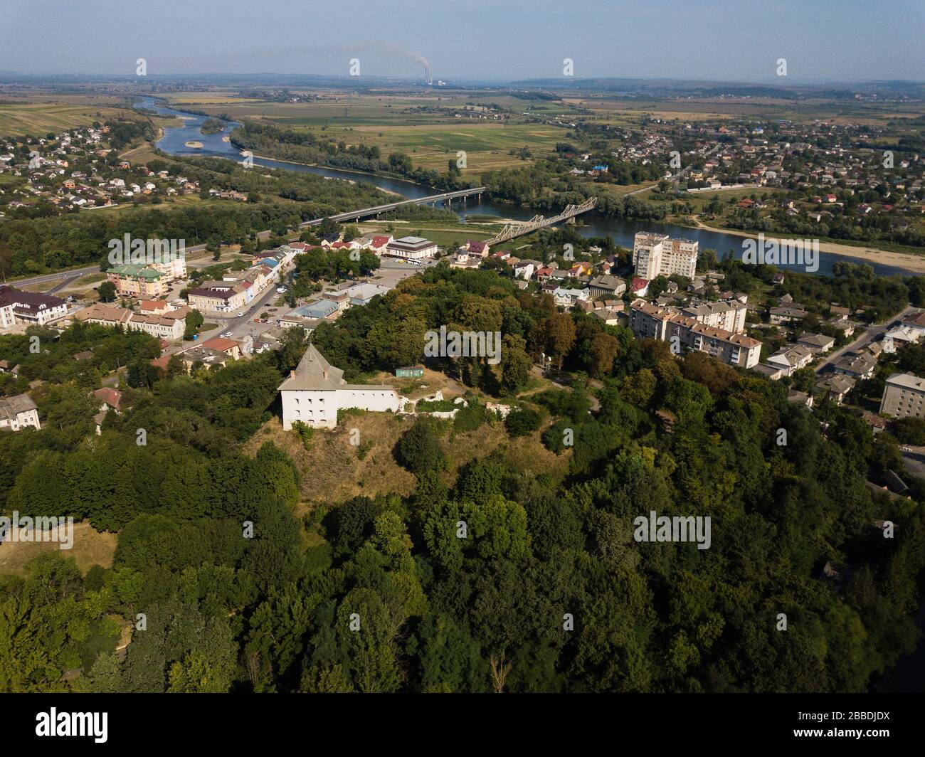 Aerial view of ruined medieval Halych Castle and view to city Halych ...