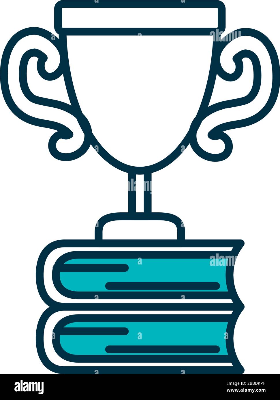 stack of education books with trophy icon over white background, half ...