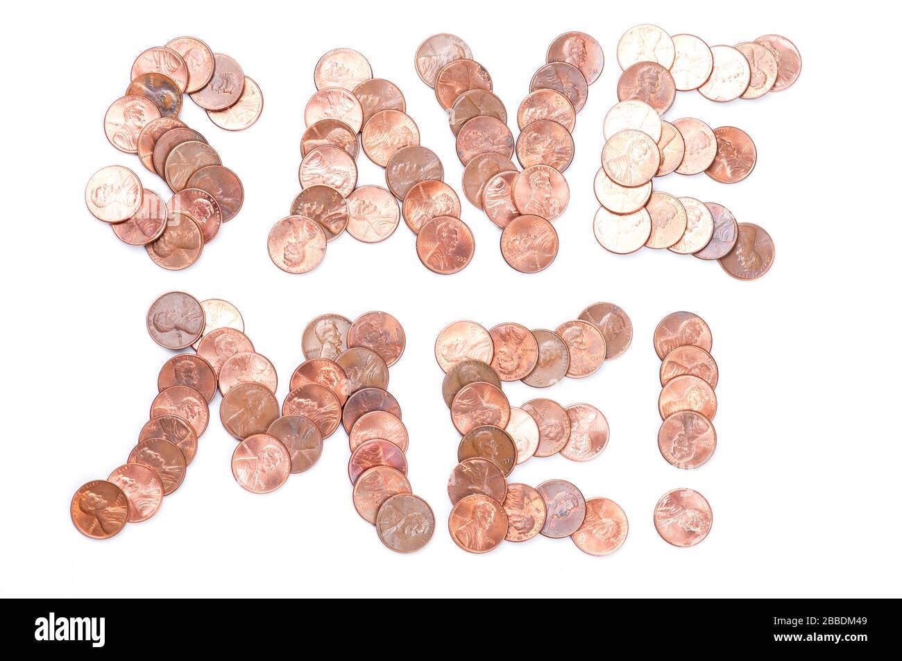 Save Me message made from American penny coins on white background ...