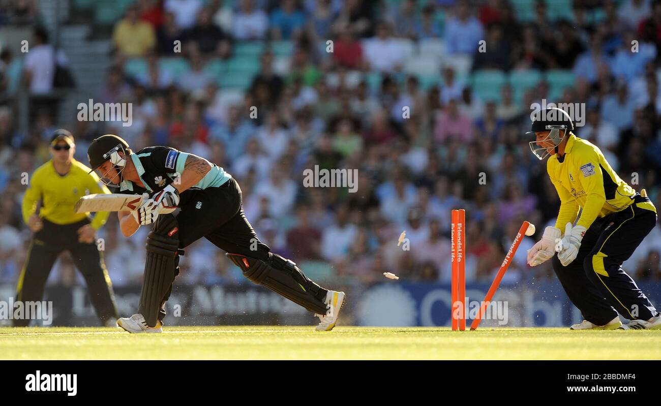Surrey's Jason Roy is bowled by Hampshire's Dimitri Mascarenhas Stock ...