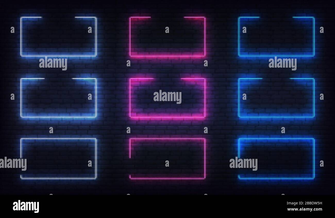 Neon frame border set. Blue, purple, white neon glowing background ...