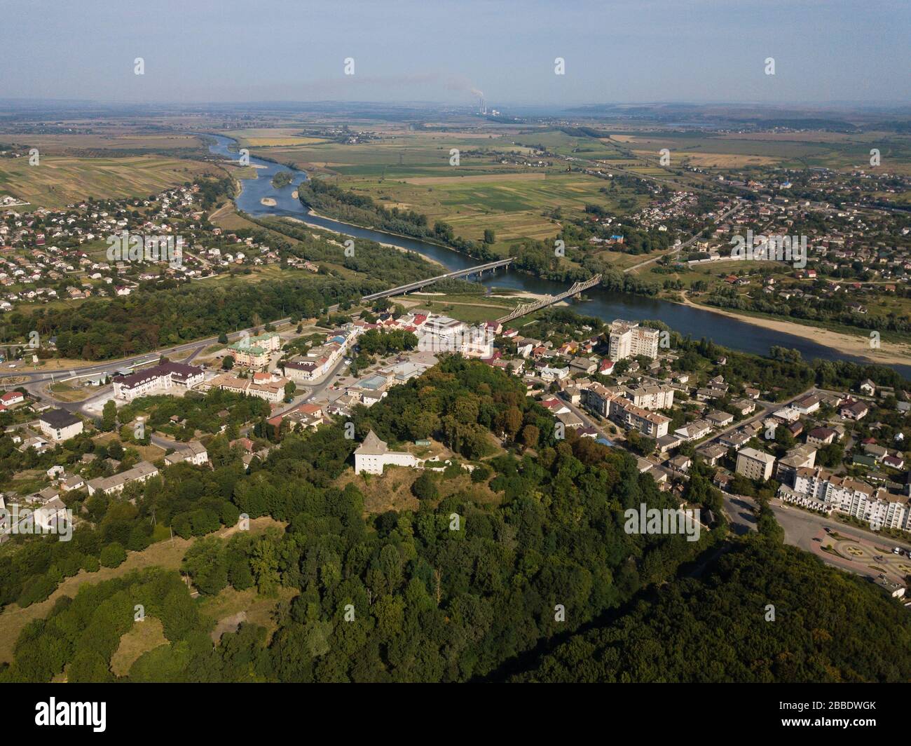 Aerial view of ruined medieval Halych Castle and view to city Halych ...