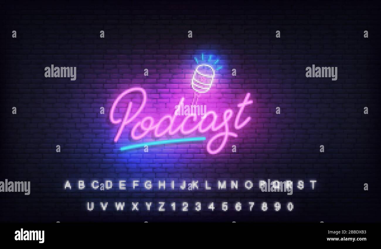 Podcast neon. Glowing podcast lettering sign template Stock Vector ...