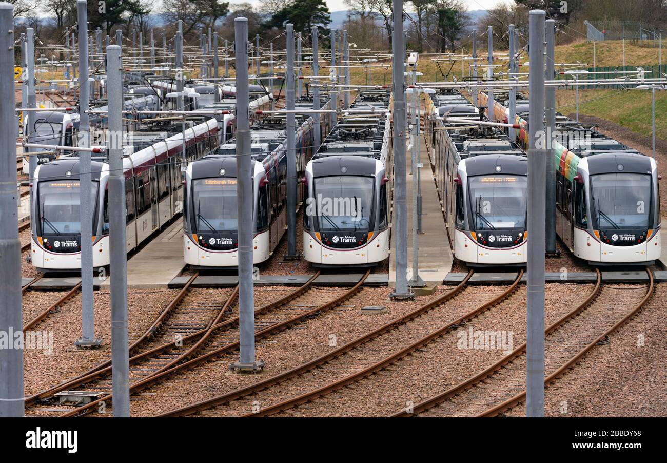 Edinburgh, Scotland, UK. 31 March, 2020. Trams lie idle in depot at ...