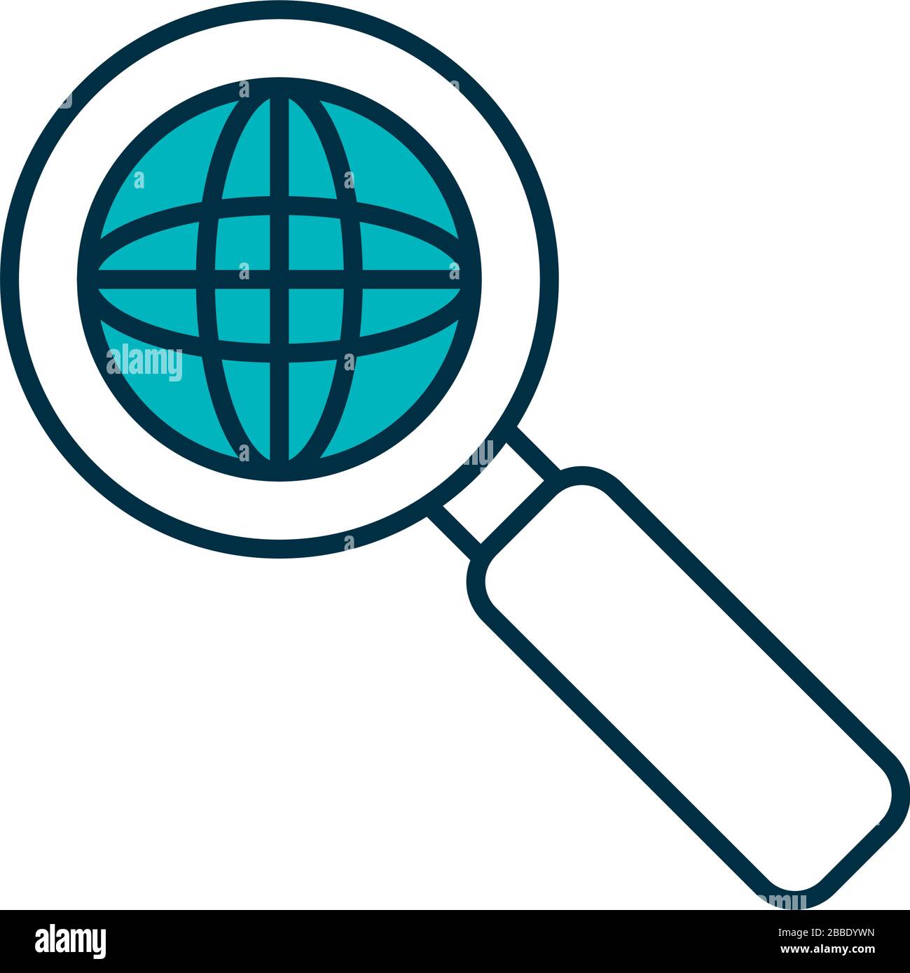 global sphere and magnifying glass icon over white background, half ...
