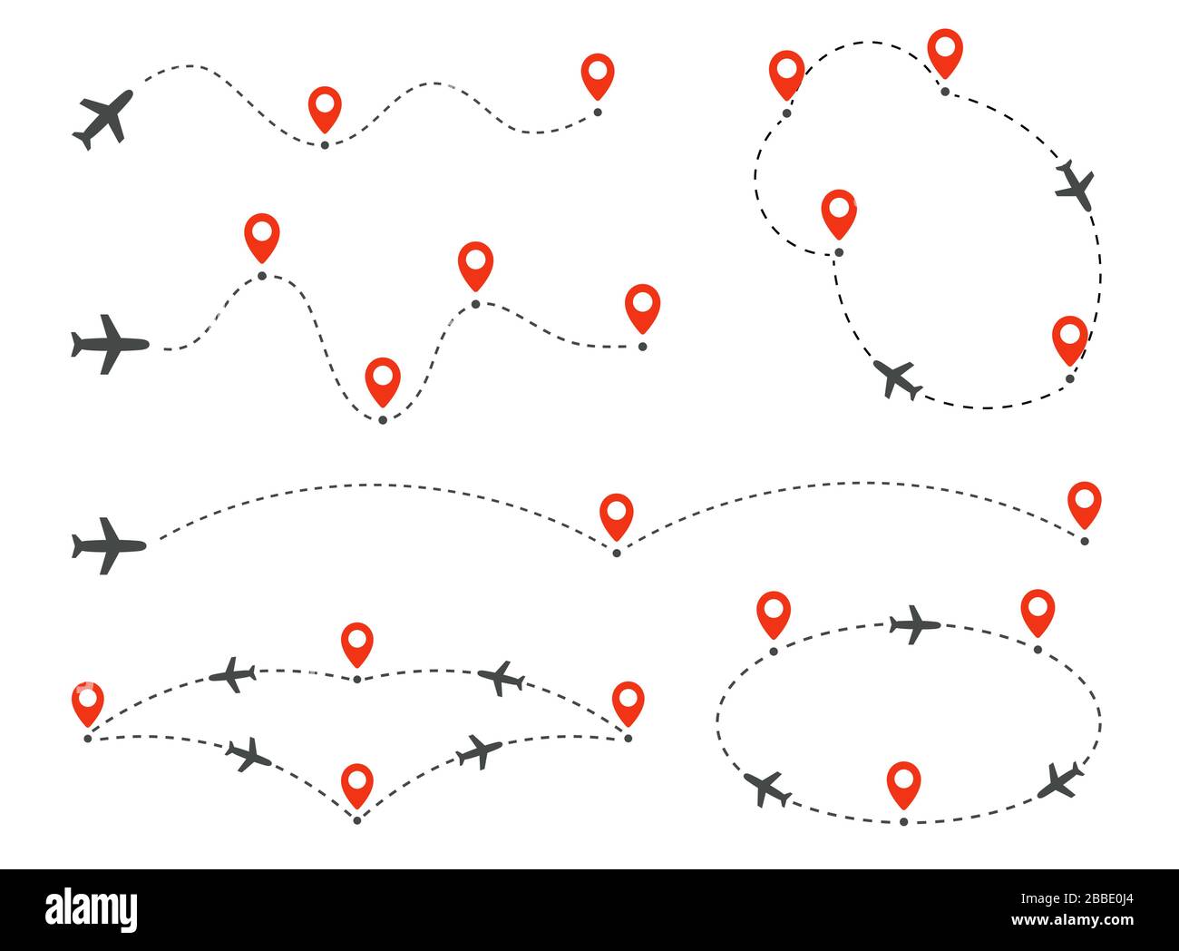 Set icons of travel way by plane. Takeoff and landing of passenger ...