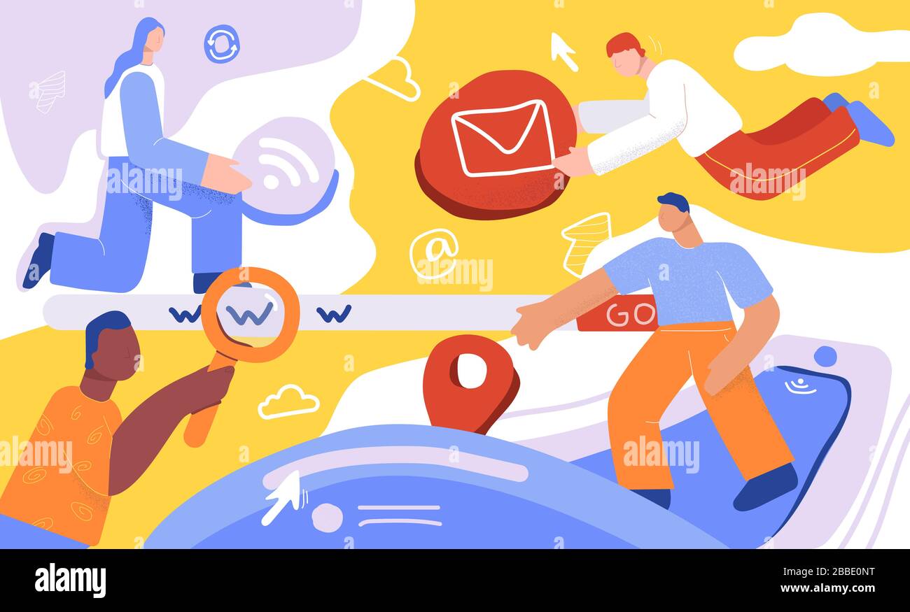 Team of cartoon people surf search internet web page and website ...