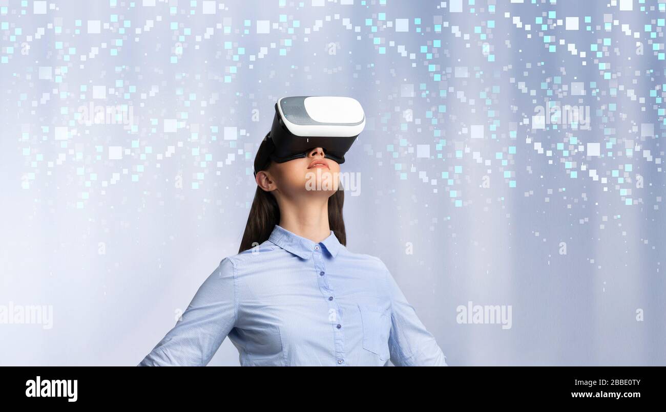 Millennial businesswoman wearing virtual reality headset, collage on ...