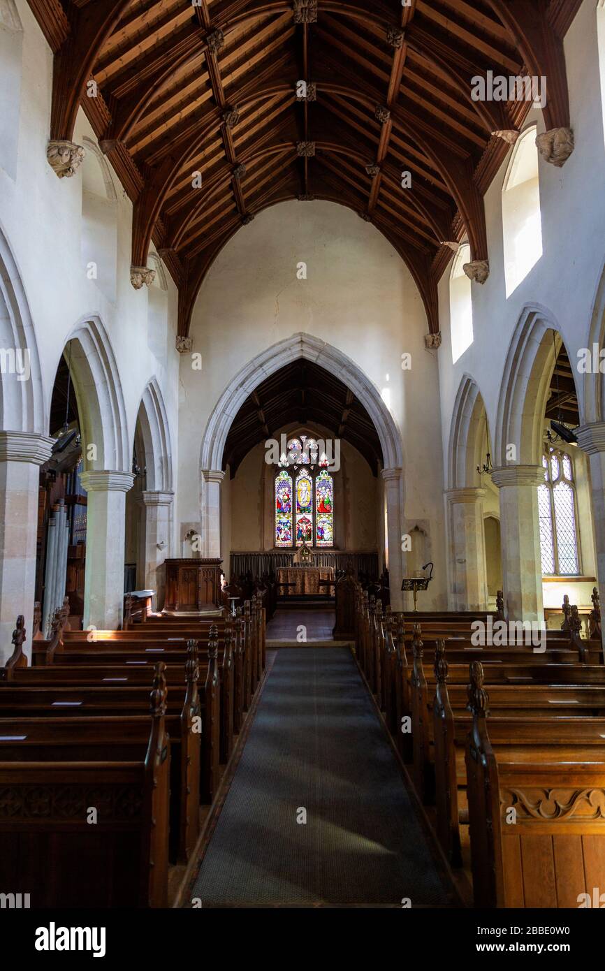 Historic interior of village parish church at Weybread, Suffolk ...