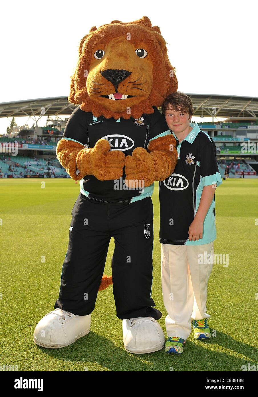 Surrey mascot Cesar the Lion with a match mascot before the game Stock ...