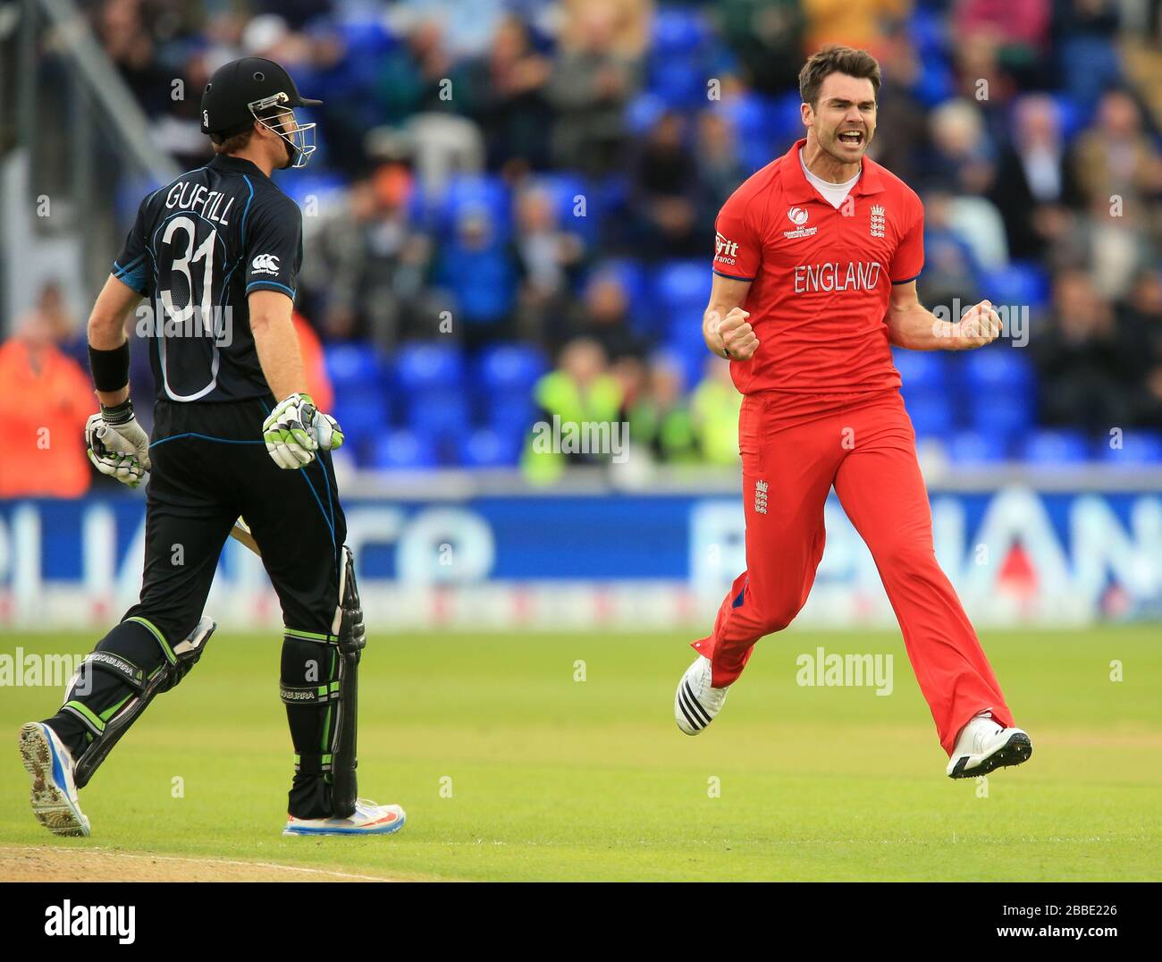 England's James Anderson celebrates clean bowling New Zealand's Martin ...