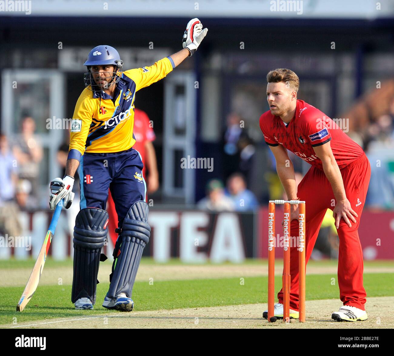 Yorkshire's Adil Rashid bats in front of Lancashire's Arron Lilley ...