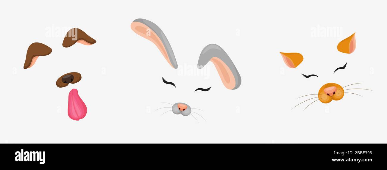 Set of cartoon cute animal face elements mask photo filter vector ...