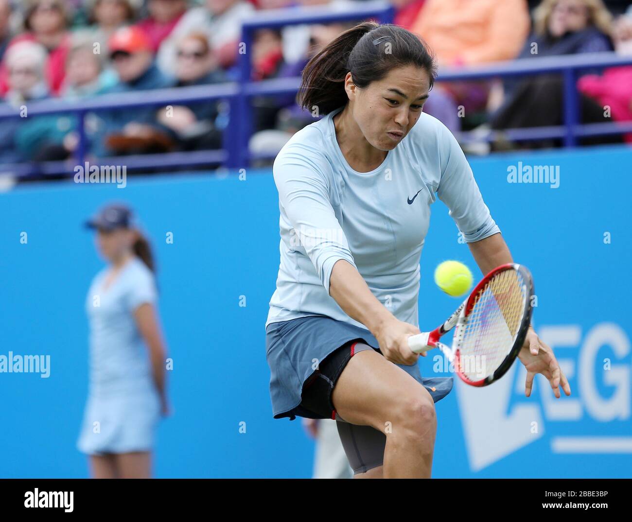 USA's Jamie Hampton in action against Denmark's Caroline Wozniacki ...